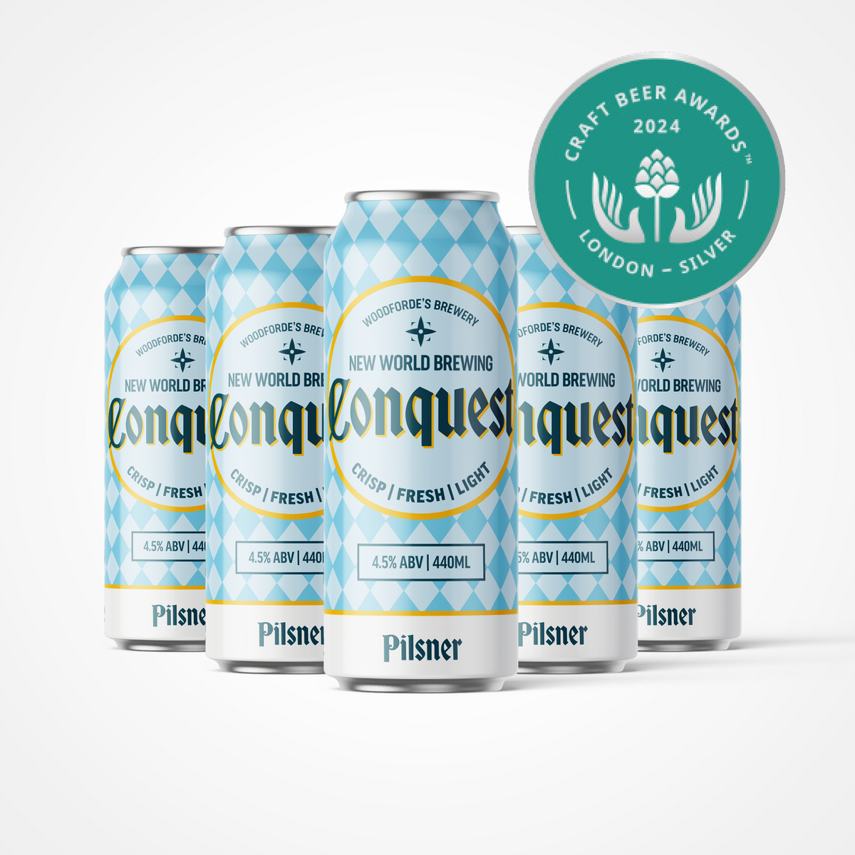 Conquest Pilsner | New World Brewing | 12x440ml Cans | Woodforde's Brewery